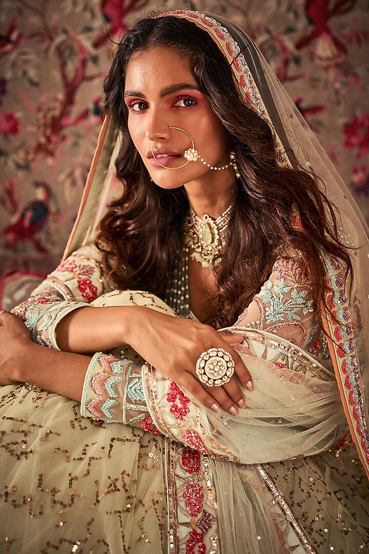 Green Hand Embellished Bridal Lehenga Set by Mynah Designs By Reynu ...