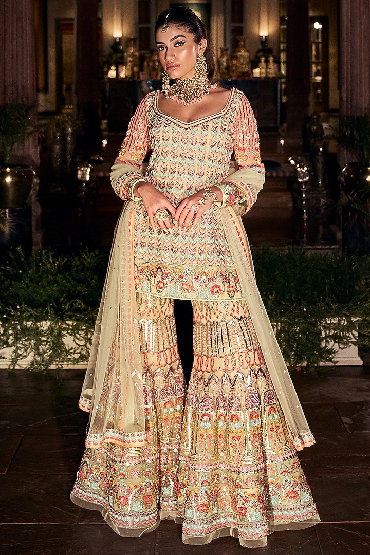 Green Embroidered Sharara Set by Mynah Designs By Reynu Tandon at ...