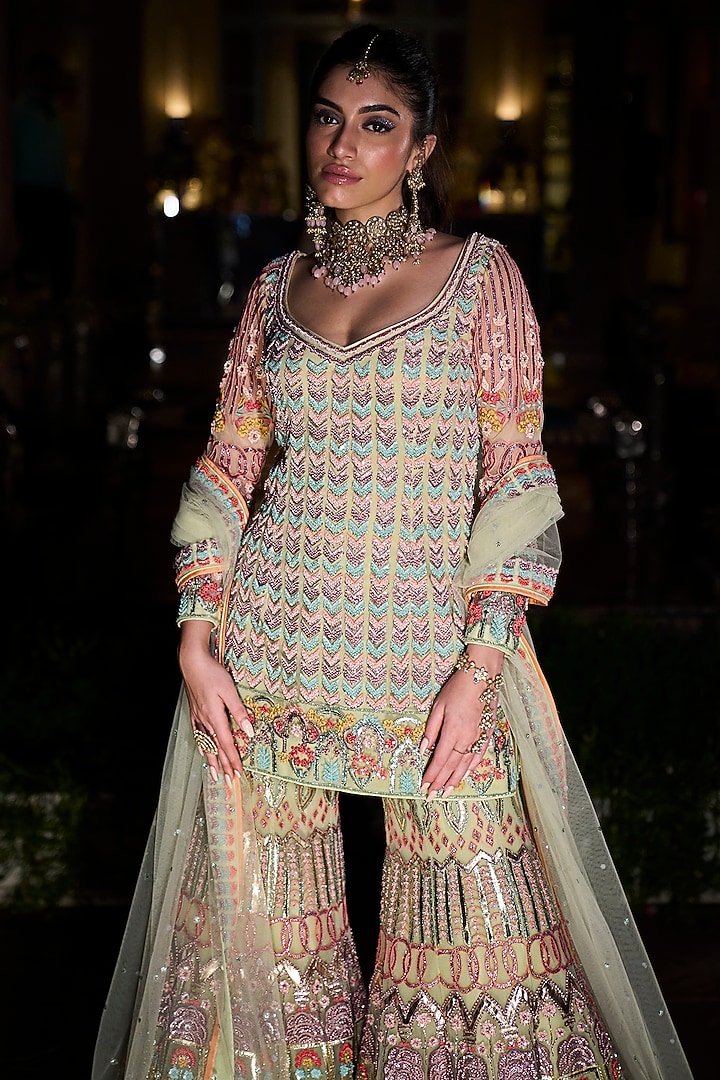 Green Embroidered Sharara Set by Mynah Designs By Reynu Tandon at ...