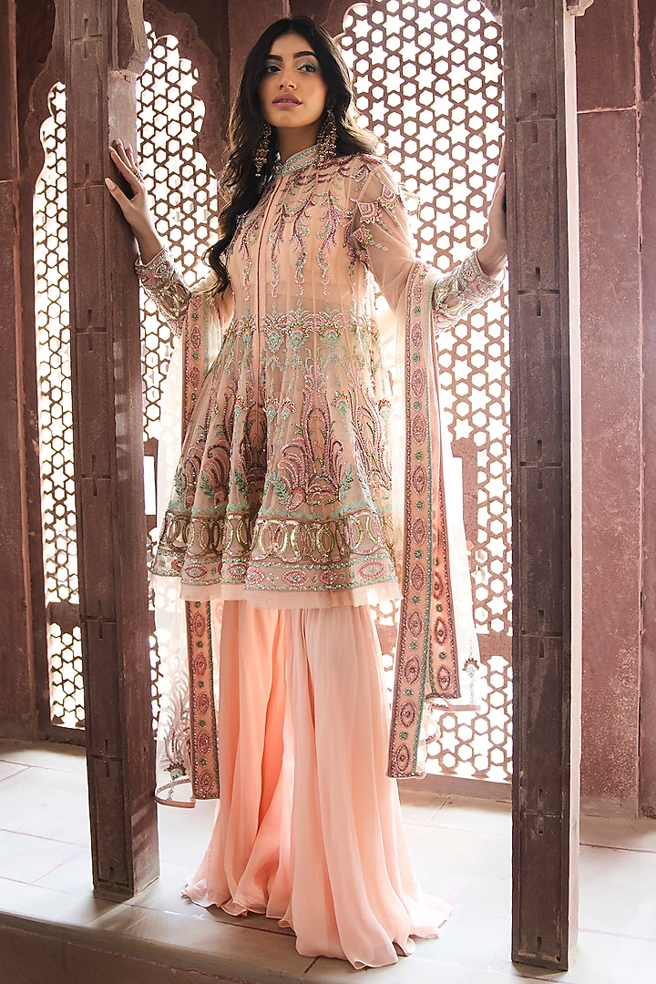 Peach Net Sharara Set Design by Mynah Designs By Reynu Tandon at Pernia ...