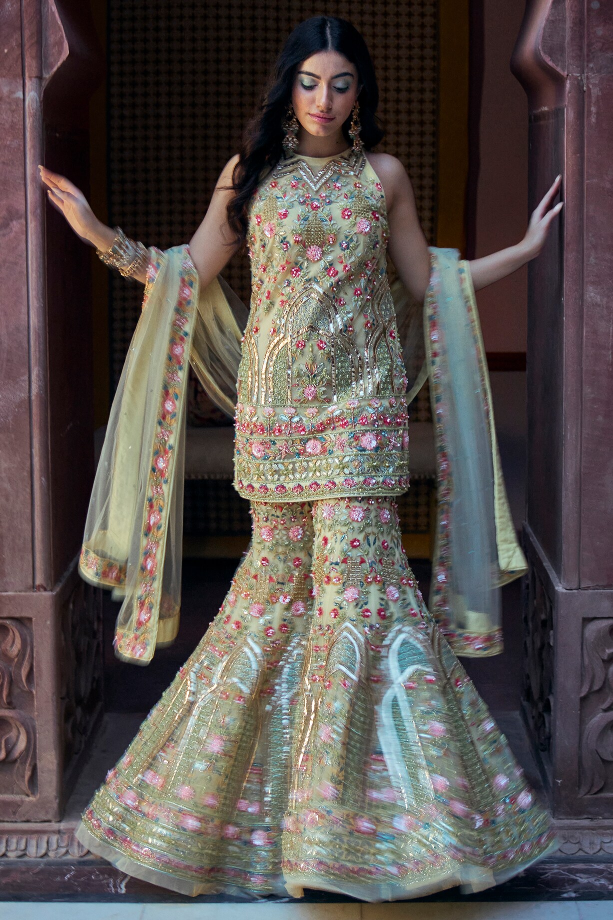 Green Embroidered Sharara Set by Mynah Designs By Reynu Tandon at ...