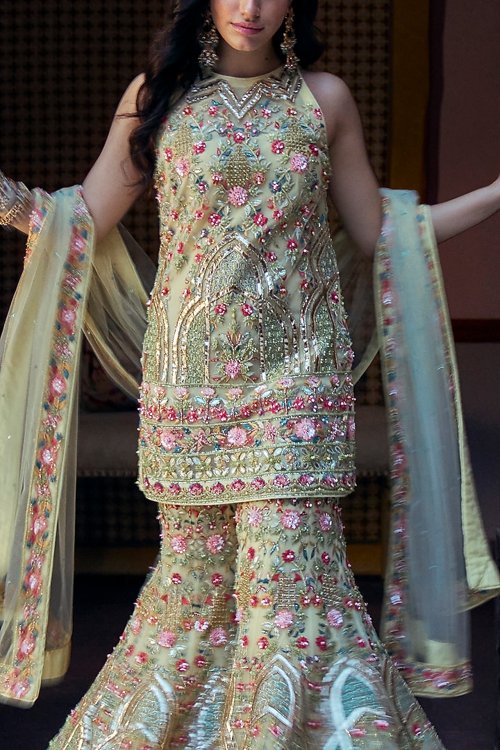 Green Embroidered Sharara Set by Mynah Designs By Reynu Tandon at ...