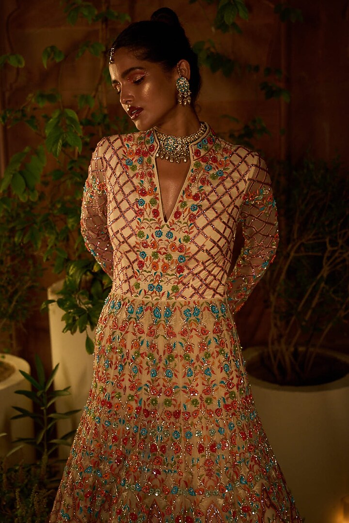 Peach Net Embellished Anarkali Set by Mynah Designs By Reynu Tandon at ...