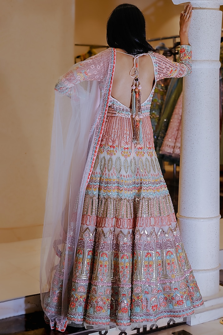 Peach Swarovski Embellished Anarkali Set by Mynah Designs By Reynu ...