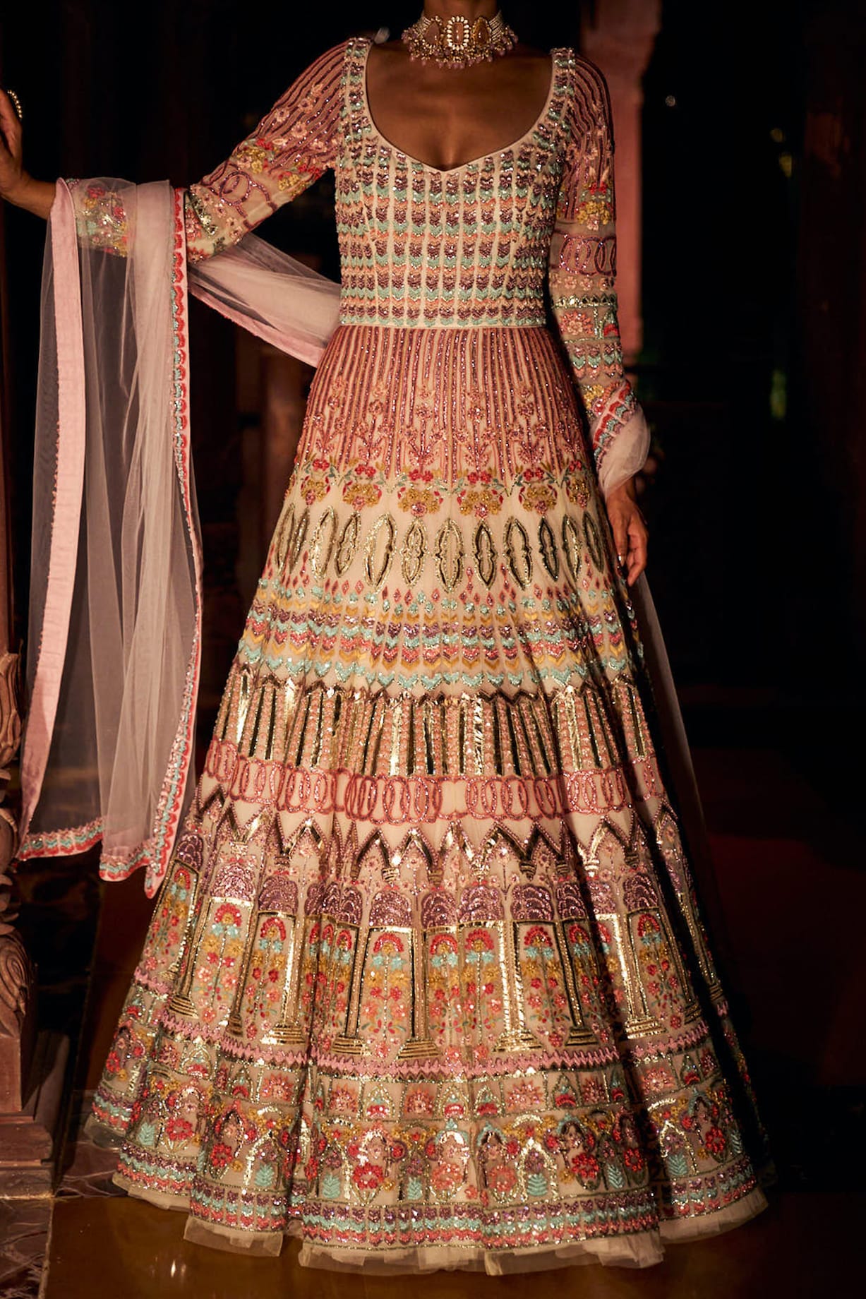 Peach Swarovski Embellished Anarkali Set by Mynah Designs By Reynu ...
