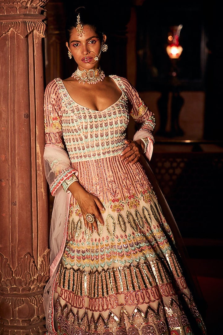 Peach Swarovski Embellished Anarkali Set by Mynah Designs By Reynu ...