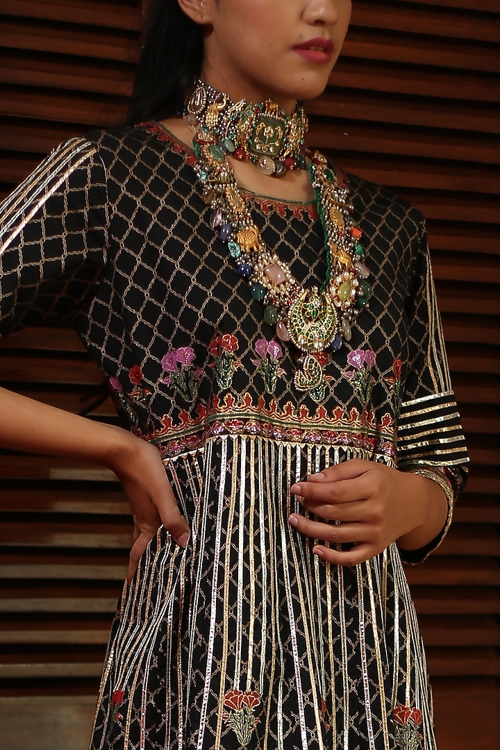 Black Printed Anarkali Set by Mynah Designs By Reynu Tandon at Pernia's ...