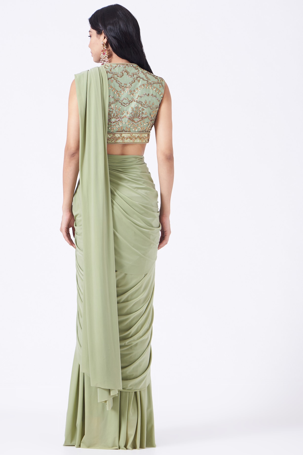 Light Olive Lycra Rayon Pre-Stitched Saree Set Design by Mynah's Reynu ...