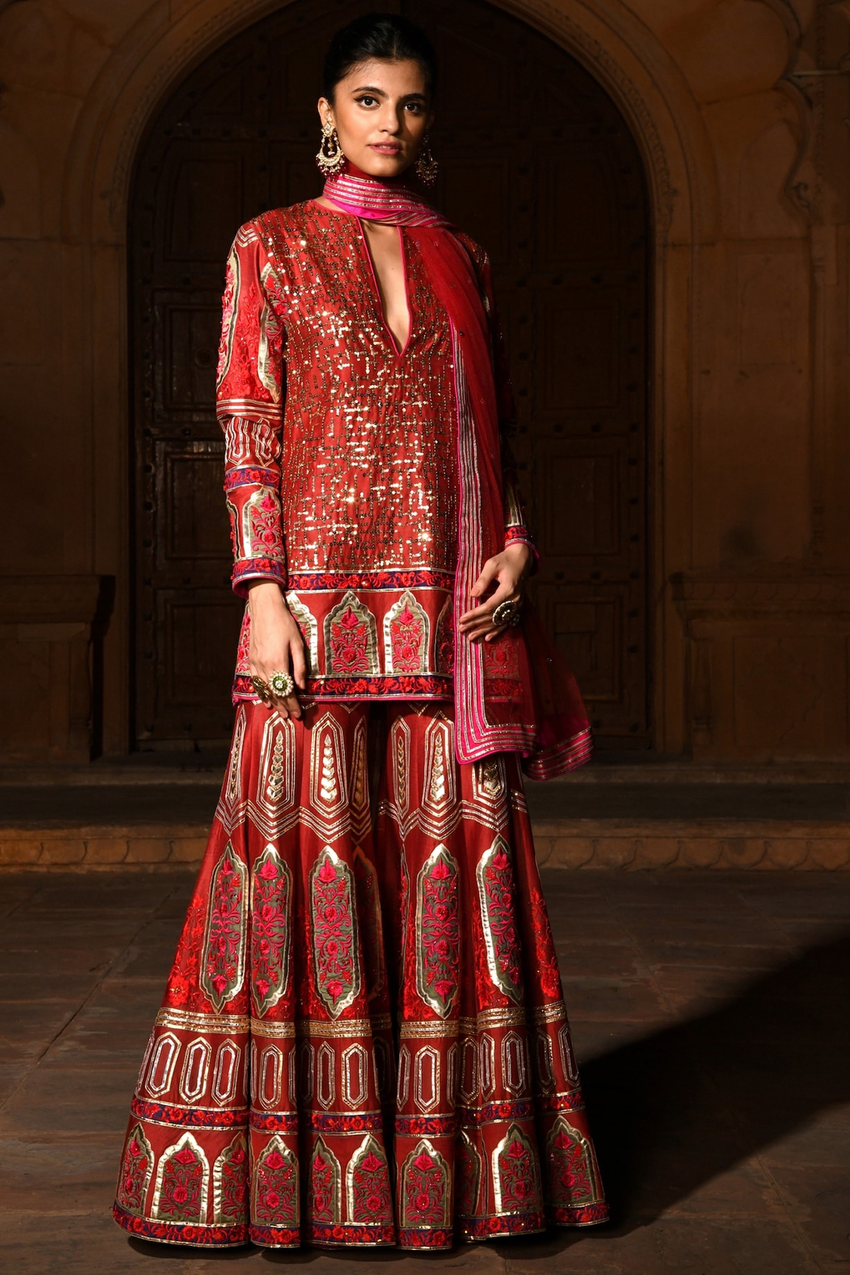 Red Hand Embroidered Sharara Set by Mynah Designs By Reynu Tandon at ...