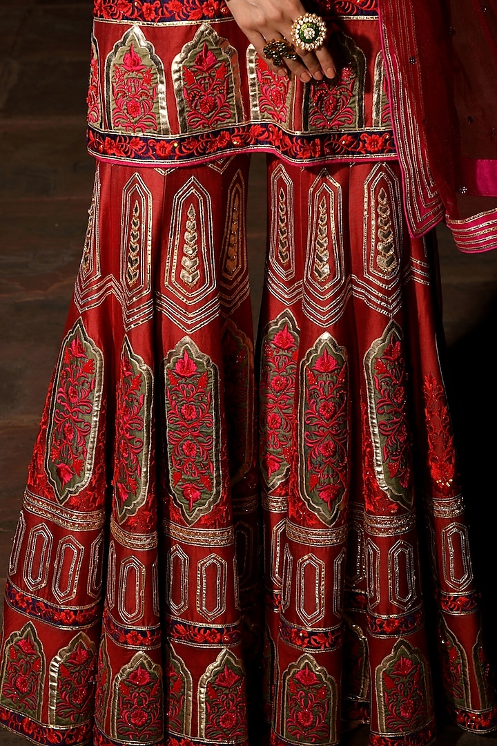 Red Hand Embroidered Sharara Set by Mynah Designs By Reynu Tandon at ...