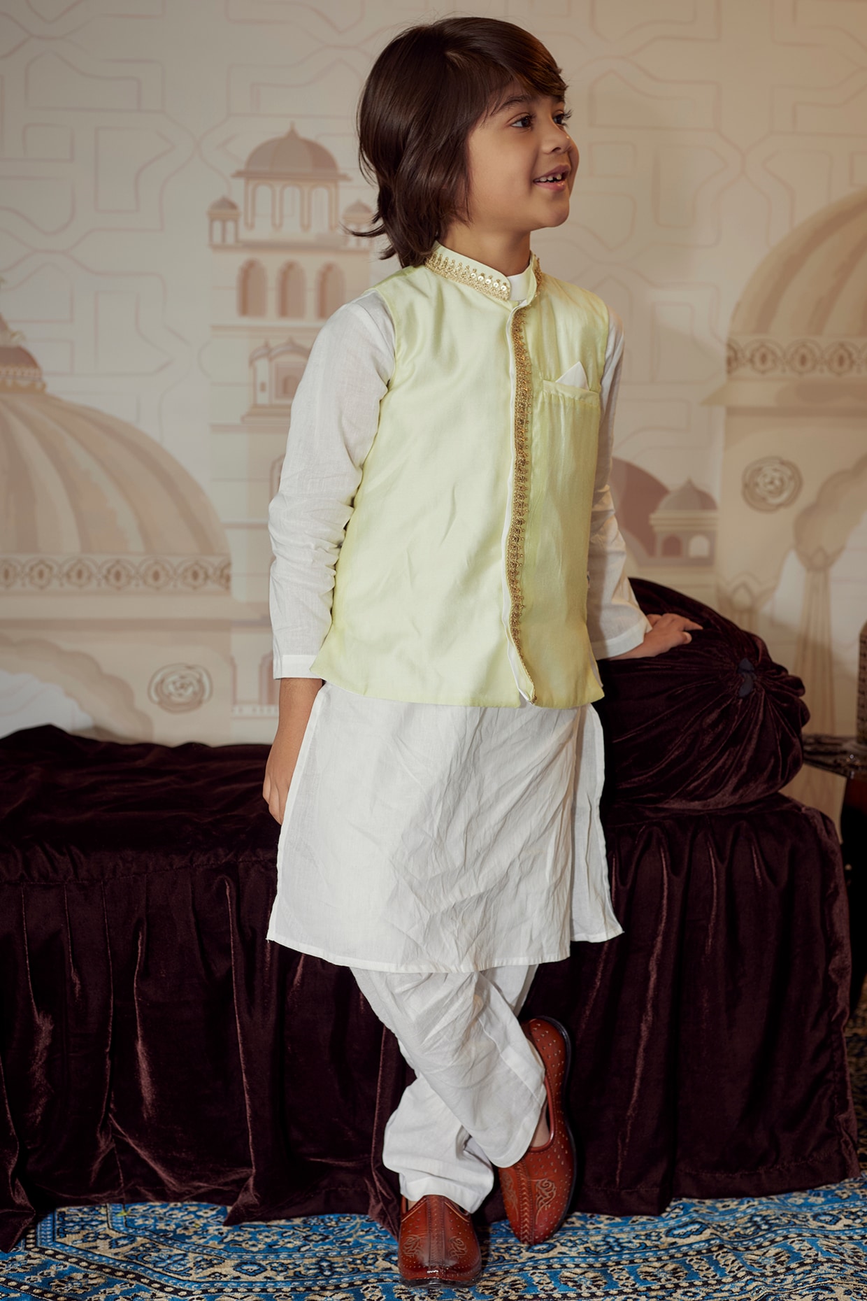 Mint Green Organic Cotton Embroidered Nehru Jacket With Kurta Set For ...