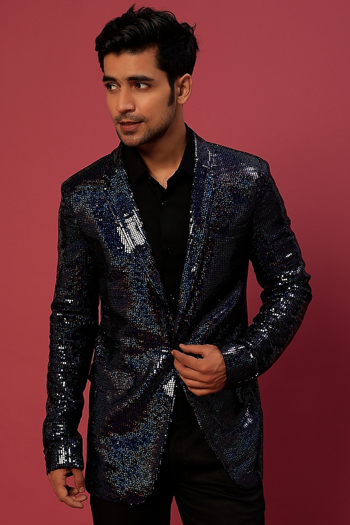 Midnight Blue Sticker Fabric Blazer by Megha Kapoor Label Men at Pernia ...