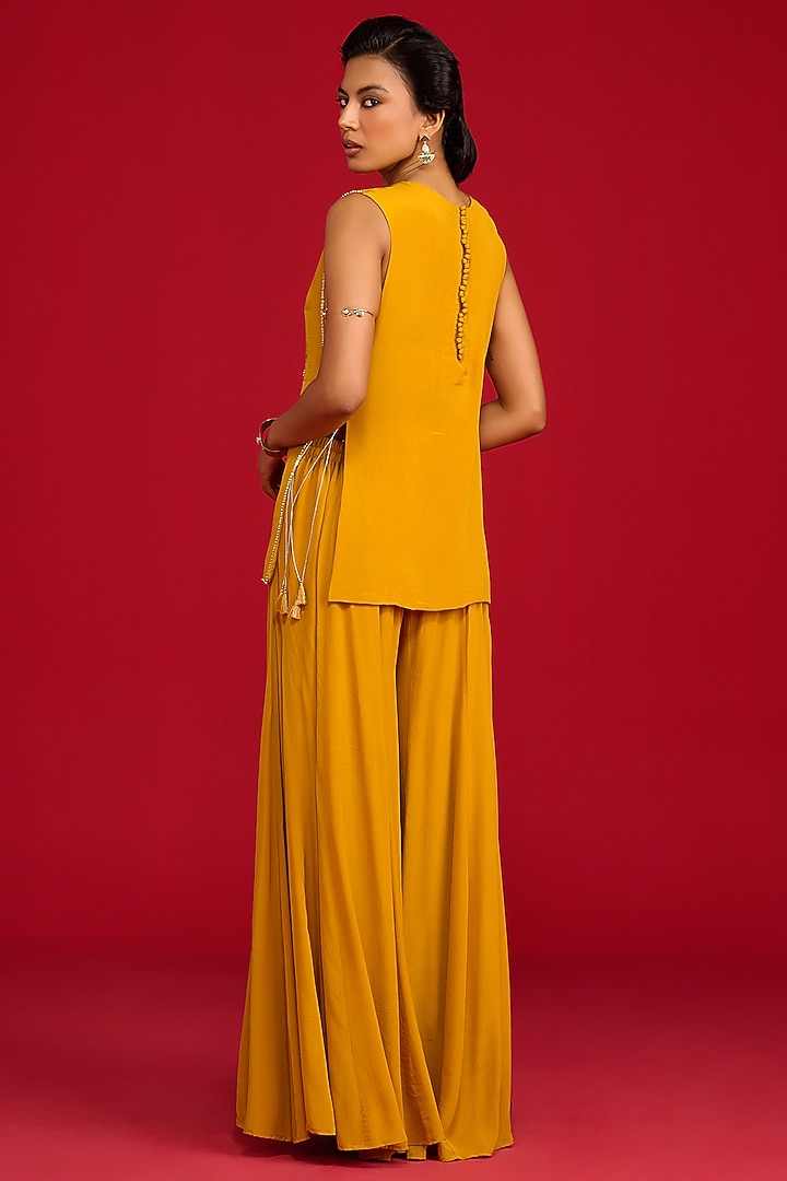 Mustard Yellow Crepe Kalidar Party Wear Sharara Set by Megha Pitti at ...