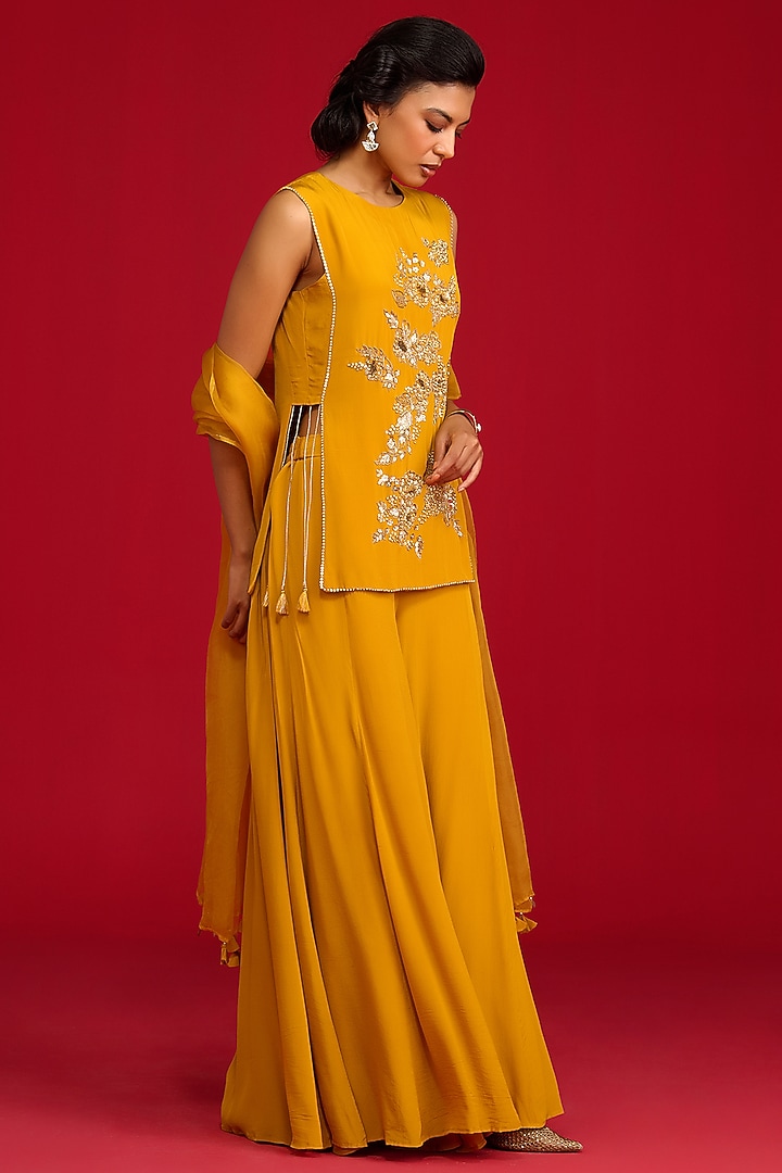 Mustard Yellow Crepe Kalidar Party Wear Sharara Set by Megha Pitti at ...