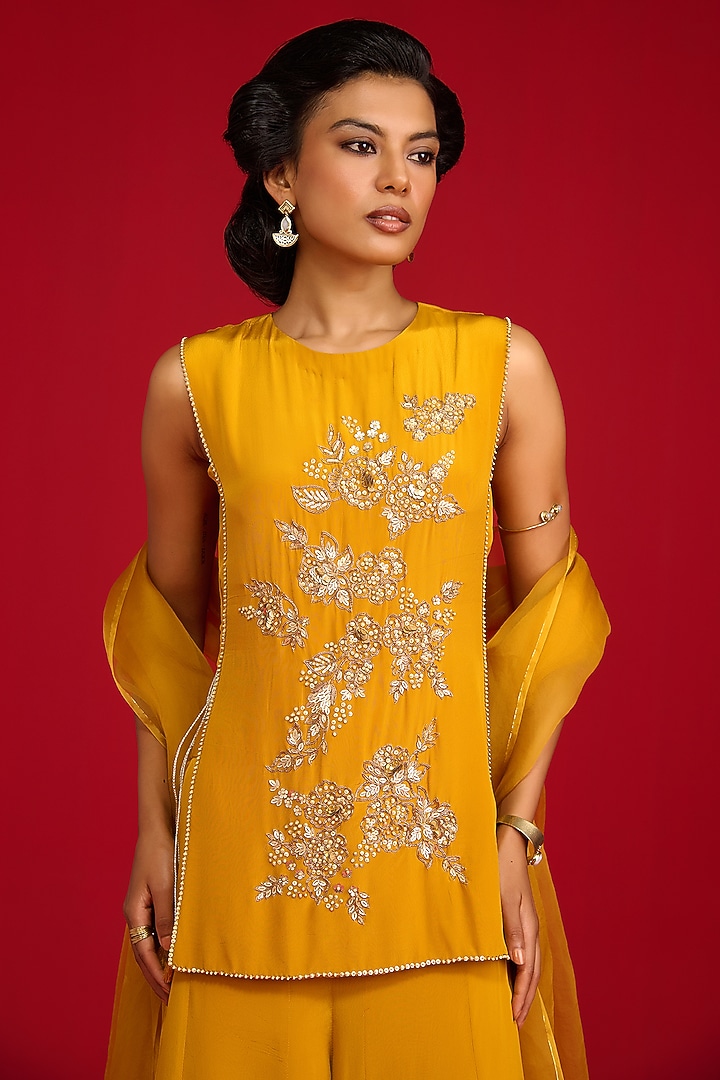 Mustard Yellow Crepe Kalidar Party Wear Sharara Set by Megha Pitti at ...