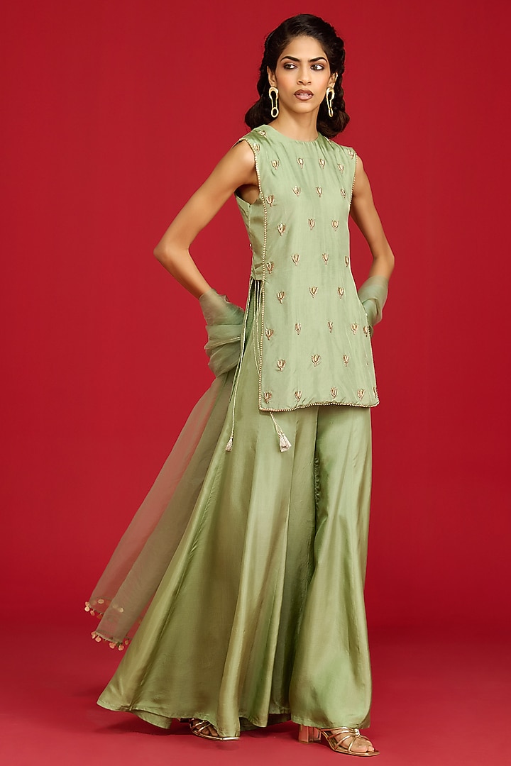 Sage Green Habutai Silk Kalidar Party Wear Sharara Set by Megha Pitti ...