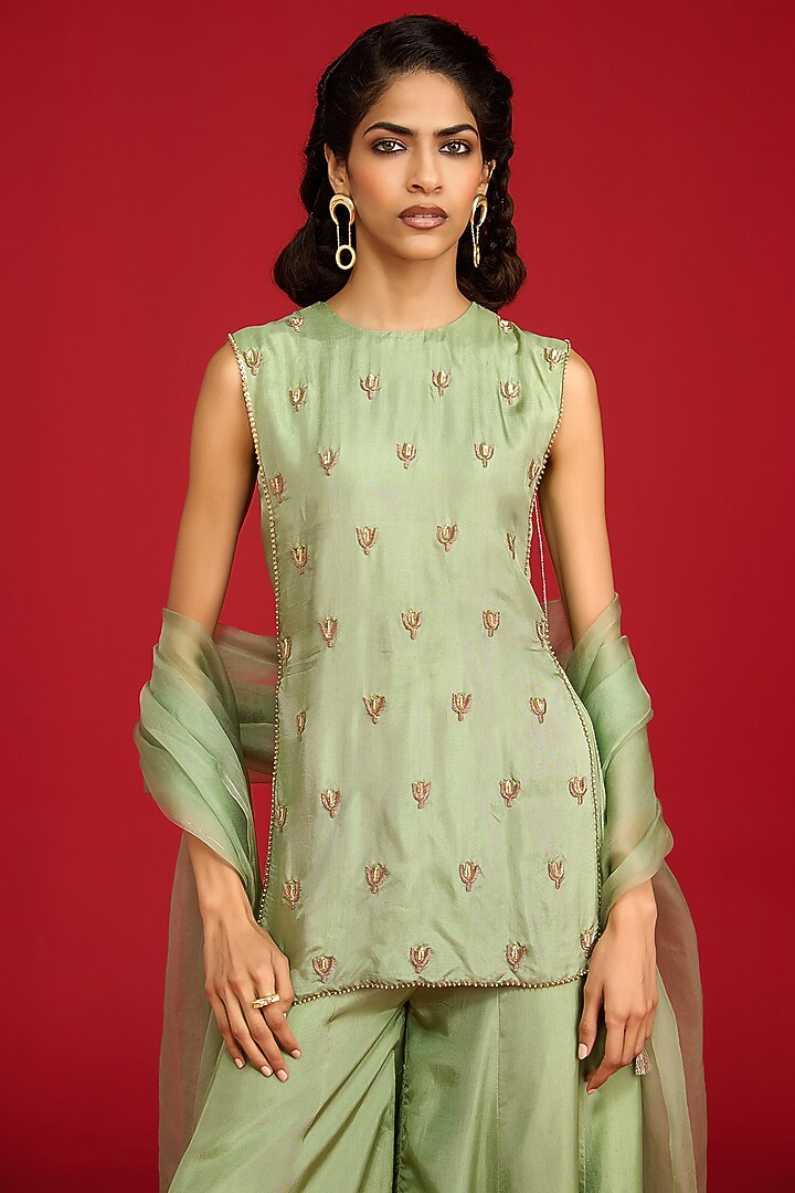 Sage Green Habutai Silk Kalidar Party Wear Sharara Set by Megha Pitti ...