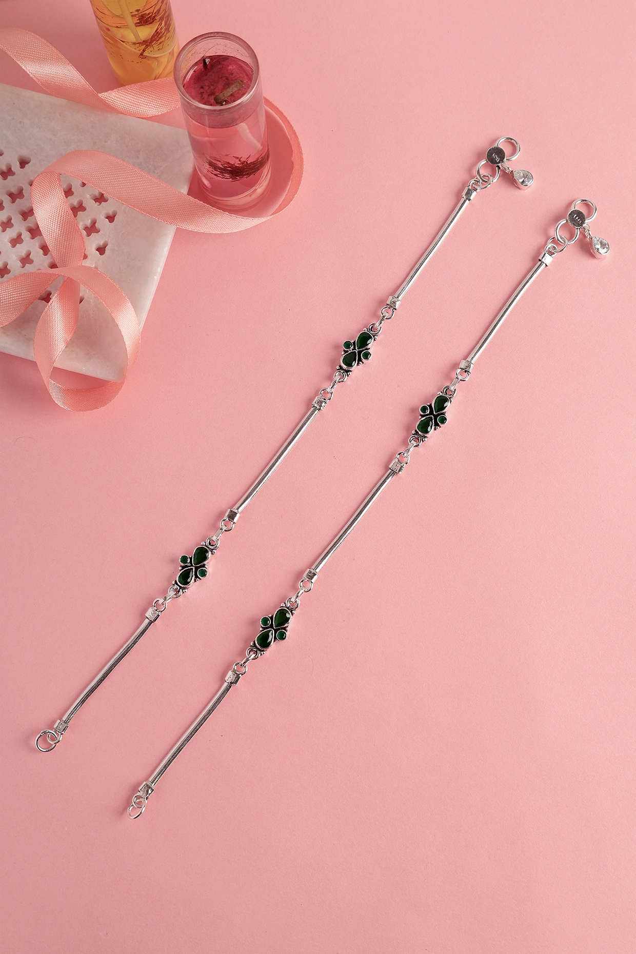 White Finish Green Onyx Temple Anklets In Sterling Silver (Set Of 2) by ...