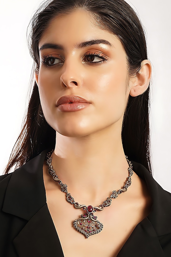 White Finish Red Kemp Stone Temple Tribal Necklace In Sterling Silver ...