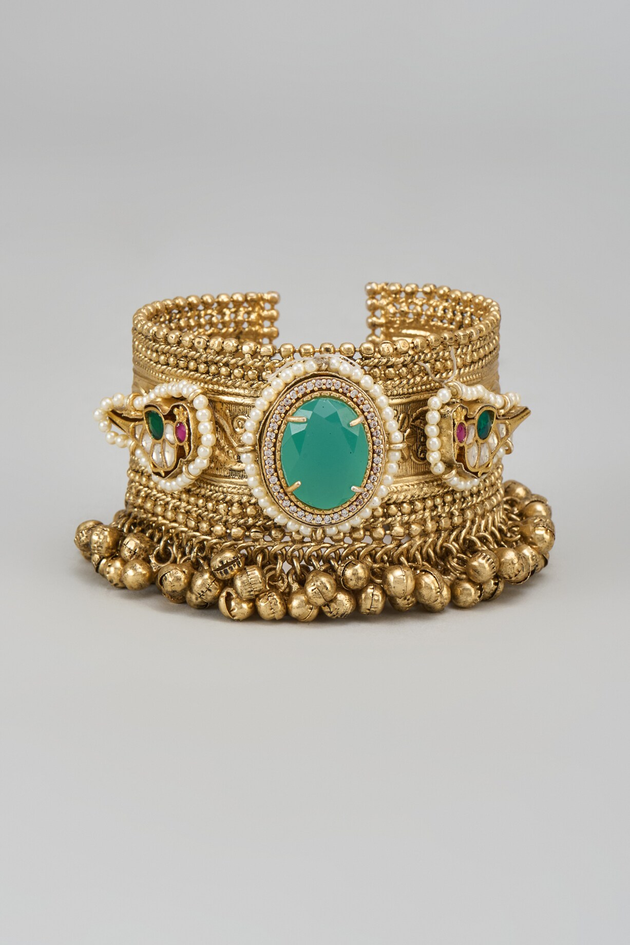 Gold Finish Turquoise Stone & Two Bird Motifs Handcuff by Mesh Artisan ...