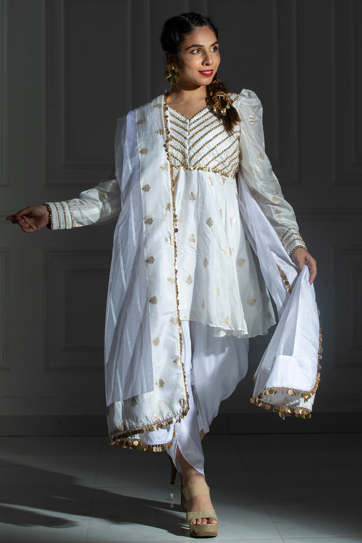 Ivory White Satin Silk Tulip Dhoti Set For Girls by Mei & Zu at Pernia ...