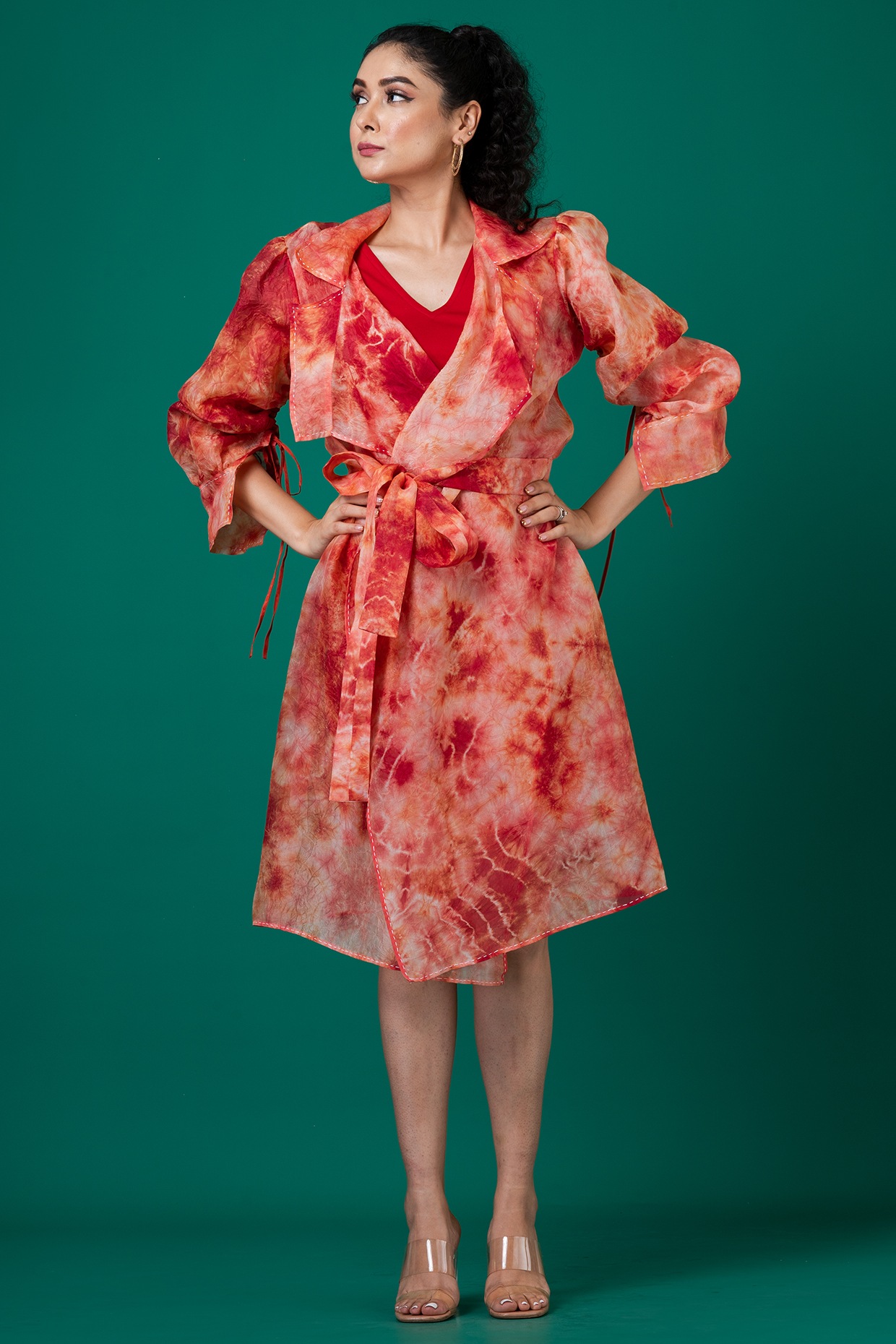 Red Organza & Lycra Marble Dye Jacket Dress by Megha Garg at Pernia's ...