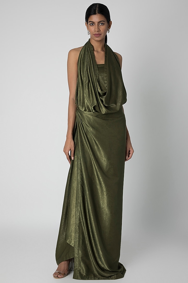 Olive Green Draped Gown by Megha Garg at Pernia's Pop Up Shop 2025