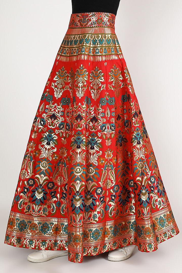 Red Brocade Lehenga With Floral Motifs Design by Megha Garg at Pernia's Pop Up Shop 2024
