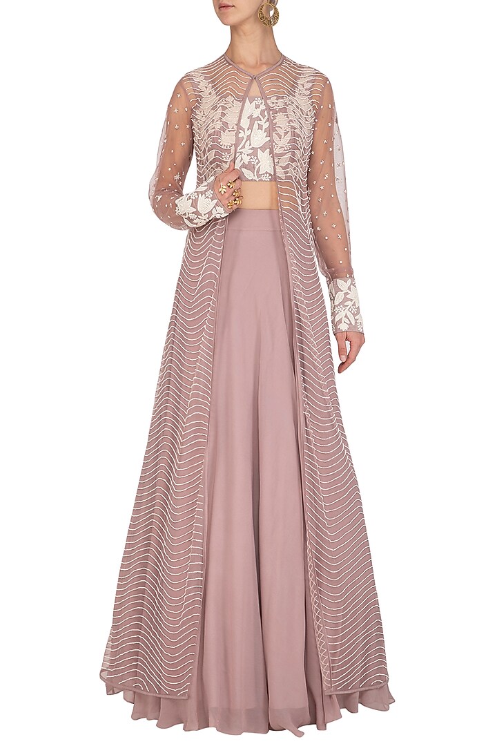 Mauve Embroidered Jacket Lehenga Set Design by Mishru at Pernia's Pop Up Shop 2024