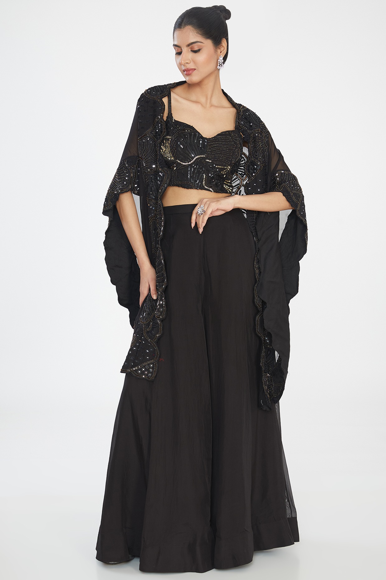 Black Organza Hand Embroidered Triangle Cape Set by Mishru at Pernia's ...