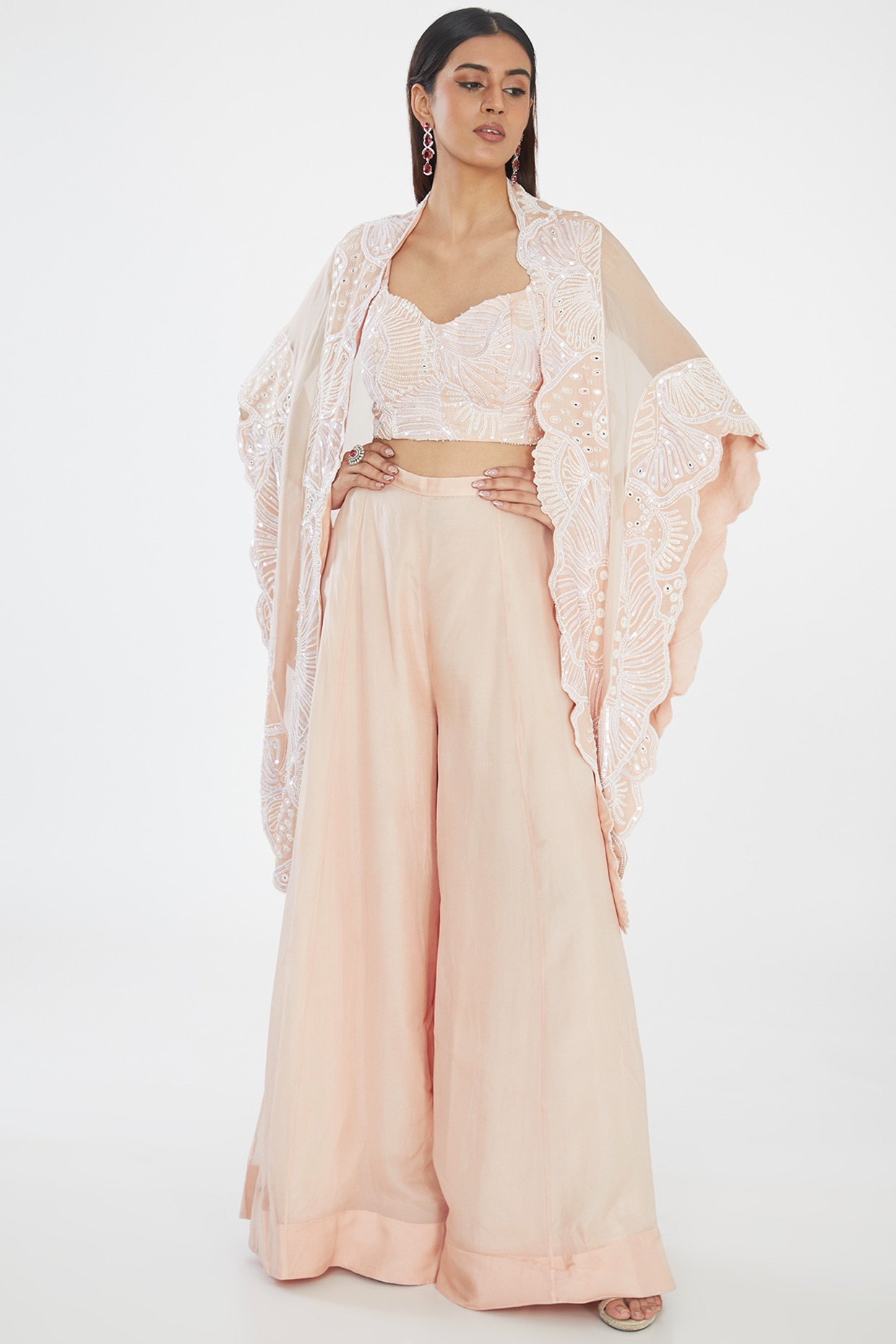 Pink Organza Hand Embroidered Triangle Cape Set by Mishru at Pernia's ...