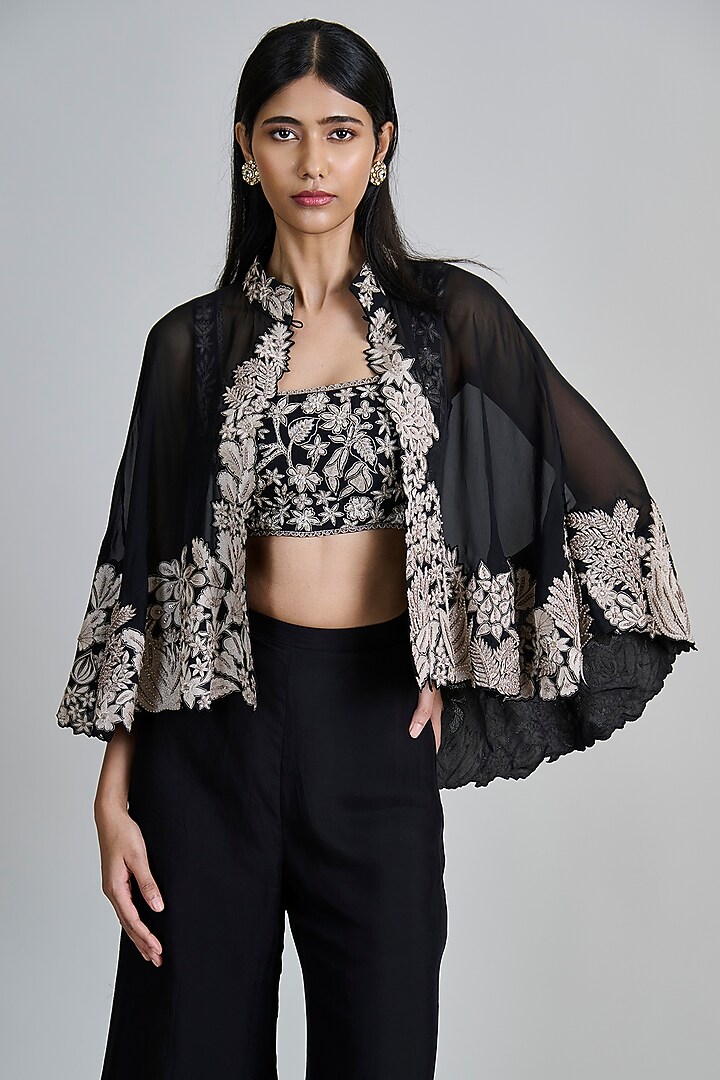 Black Organza Floral Embroidered Round Cape Set by Mishru at Pernia's ...