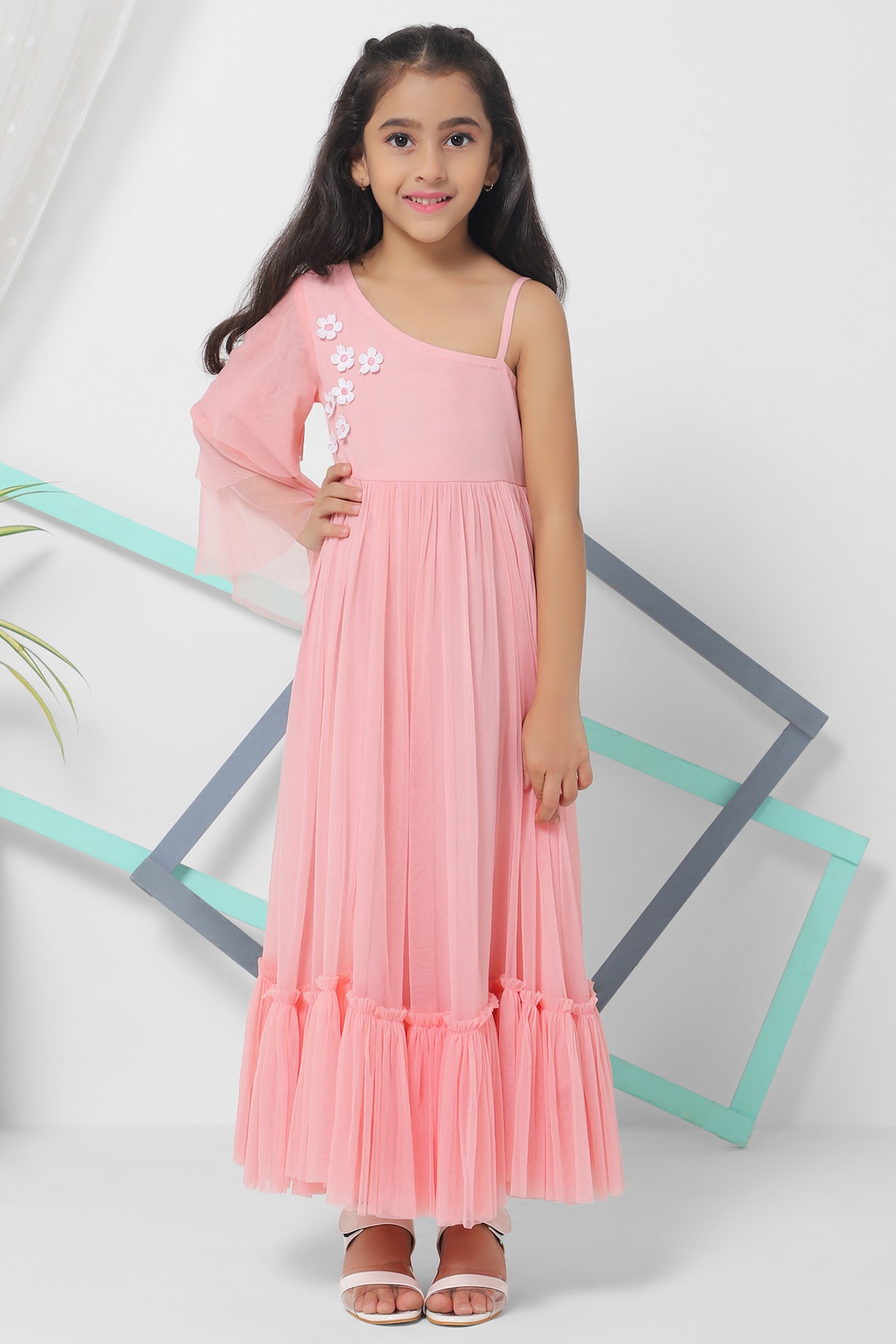 Blush Pink Net Flared Gown For Girls by Mini Chic at Pernia's Pop Up ...