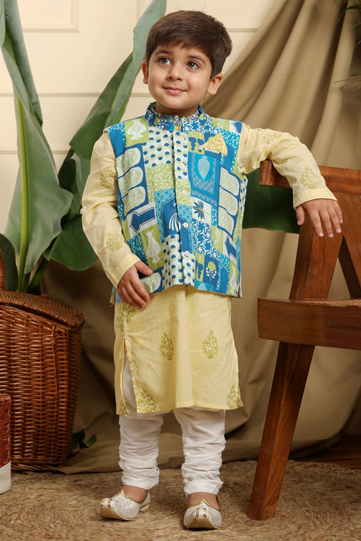 Blue & Green Cotton Printed Nehru Jacket With Kurta Set For Boys Design by Miko Lolo at Pernia's ...