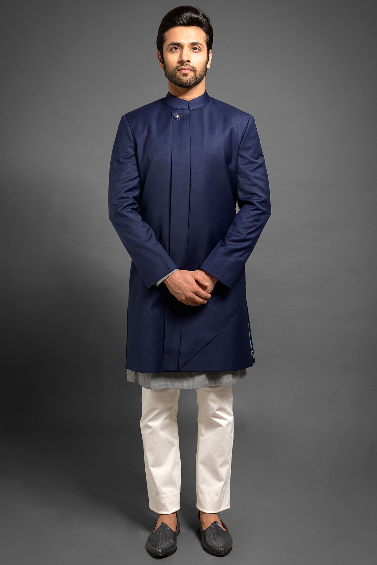 Navy Blue Wedding Sherwani With A Long Flap by Mitesh Lodha at Pernia's ...