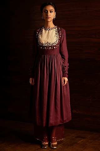 Burgundy & Ivory Munga Silk Embroidered Anarkali Set by Mimamsaa at ...