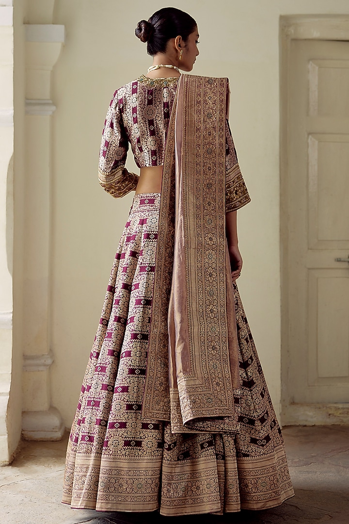 Pale & Garnet Embroidered Woven Wedding Lehenga Set by Mimamsaa at ...