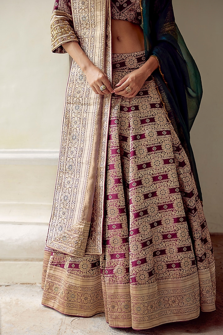 Pale & Garnet Embroidered Woven Wedding Lehenga Set by Mimamsaa at ...