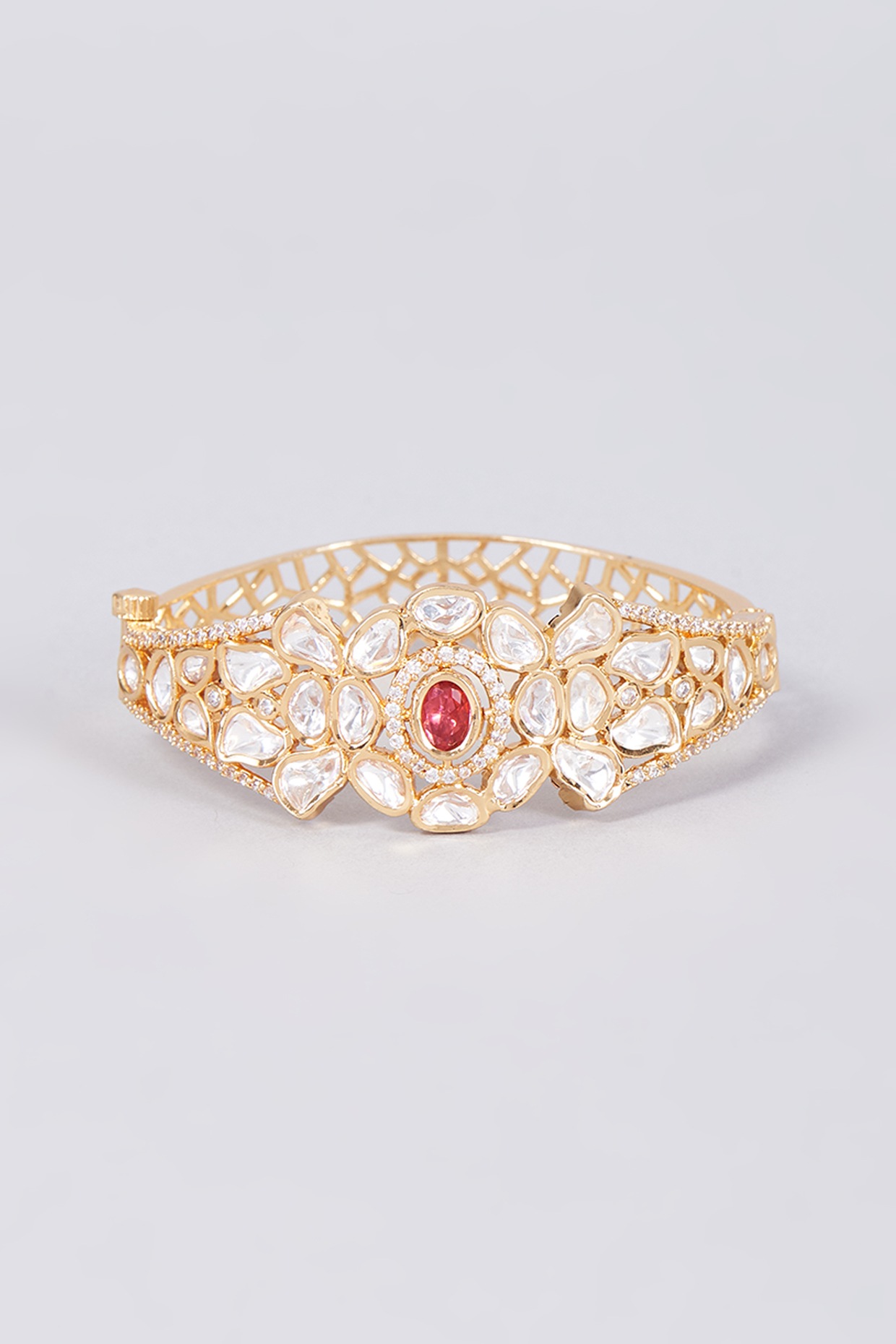 Gold Plated Kundan Polki & Ruby Stone Bangle by Minaki at Pernia's Pop Up Shop 2025