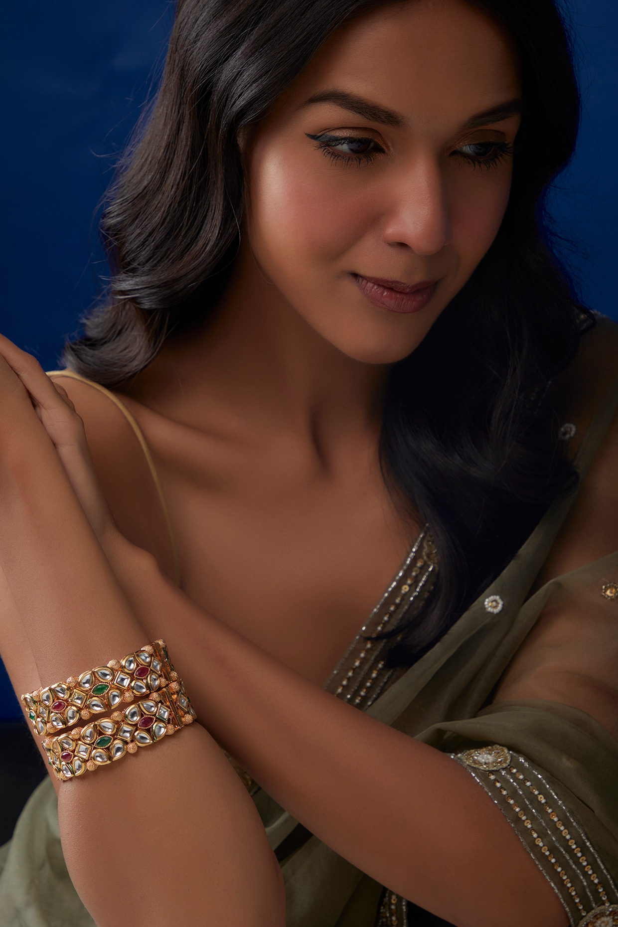 Gold Plated Kundan Polki & Emerald Stone Bangles (Set of 2) by Minaki at Pernia's Pop Up Shop 2025