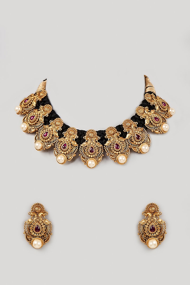 Gold Finish Ruby Kemp Stone Temple Necklace Set by Minaki at Pernia's ...