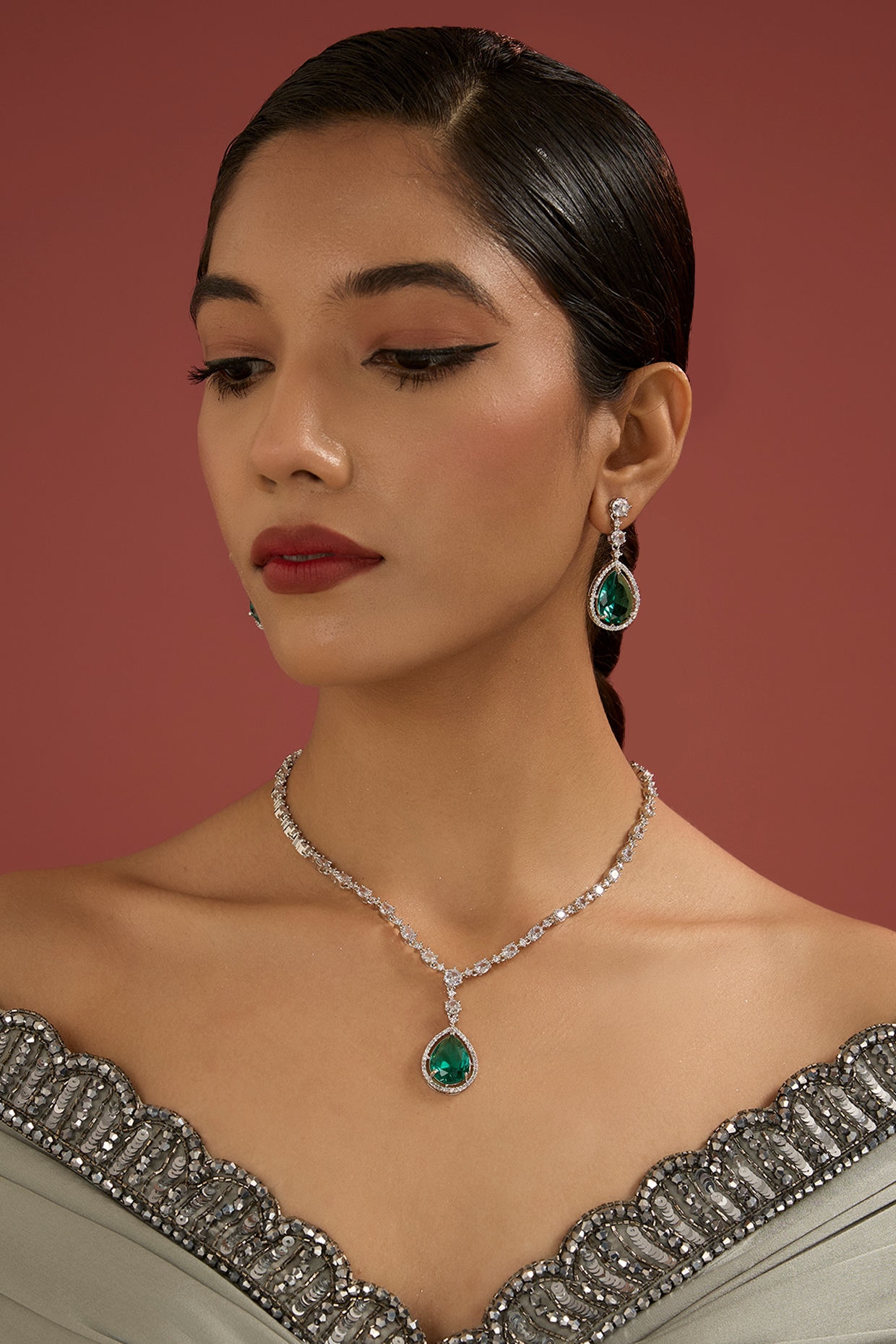 White Finish Green Cubic Zirconia Necklace Set by Minaki at Pernia's ...