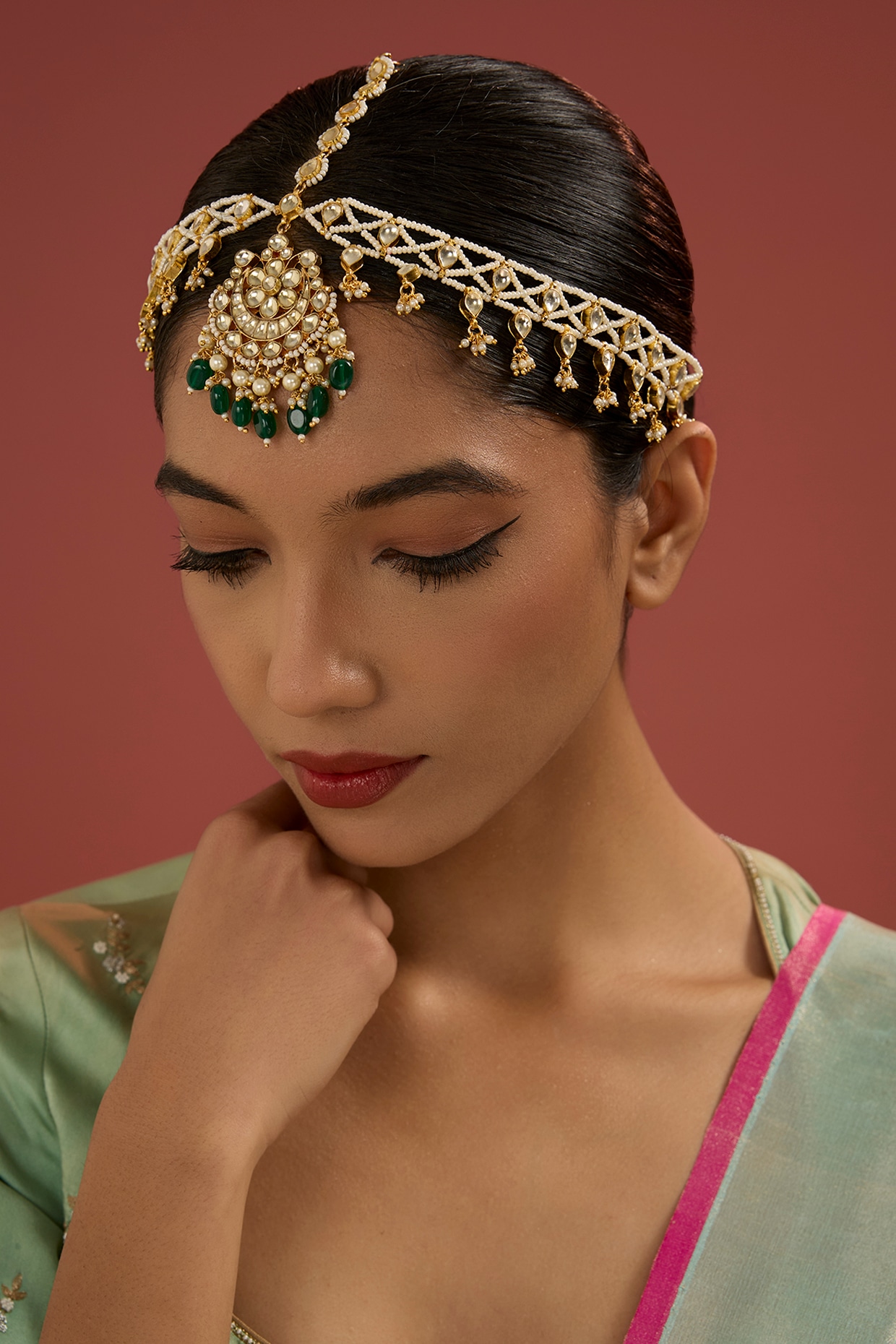 Gold Plated Kundan Polki & Emerald Beaded Mathapatti by Minaki at ...
