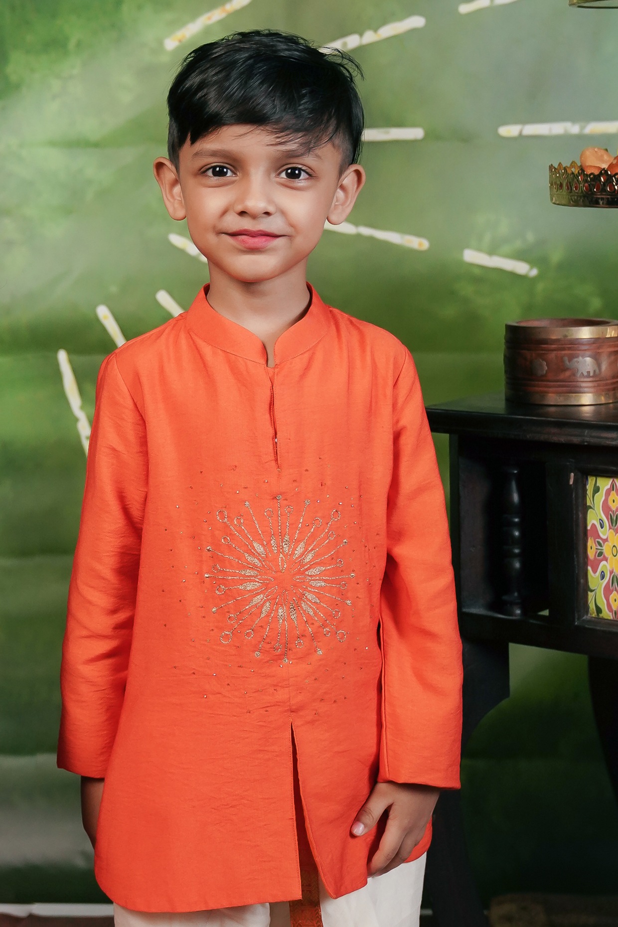 Orange Handloom Cotton Silk Hand & Machine Embroidered Kurta For Boys by Mirali at Pernia's Pop ...
