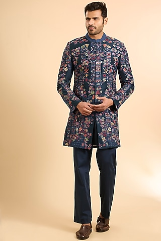 Navy Blue Dupion Abstract Embroidered Groom Sherwani Set by Mishru Men ...