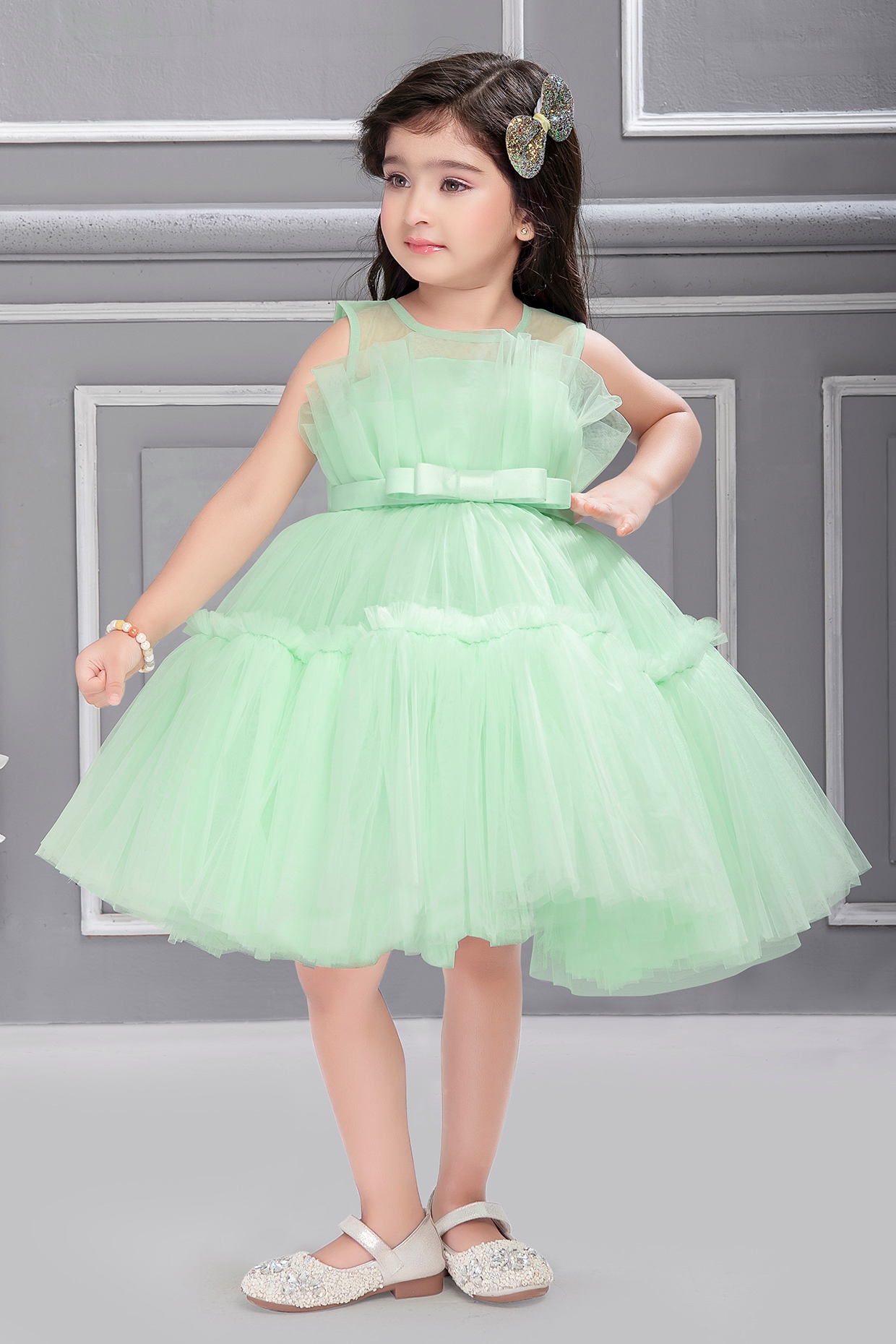Sea Green Net Frilled Dress For Girls by Ministitch at Pernia's Pop Up ...