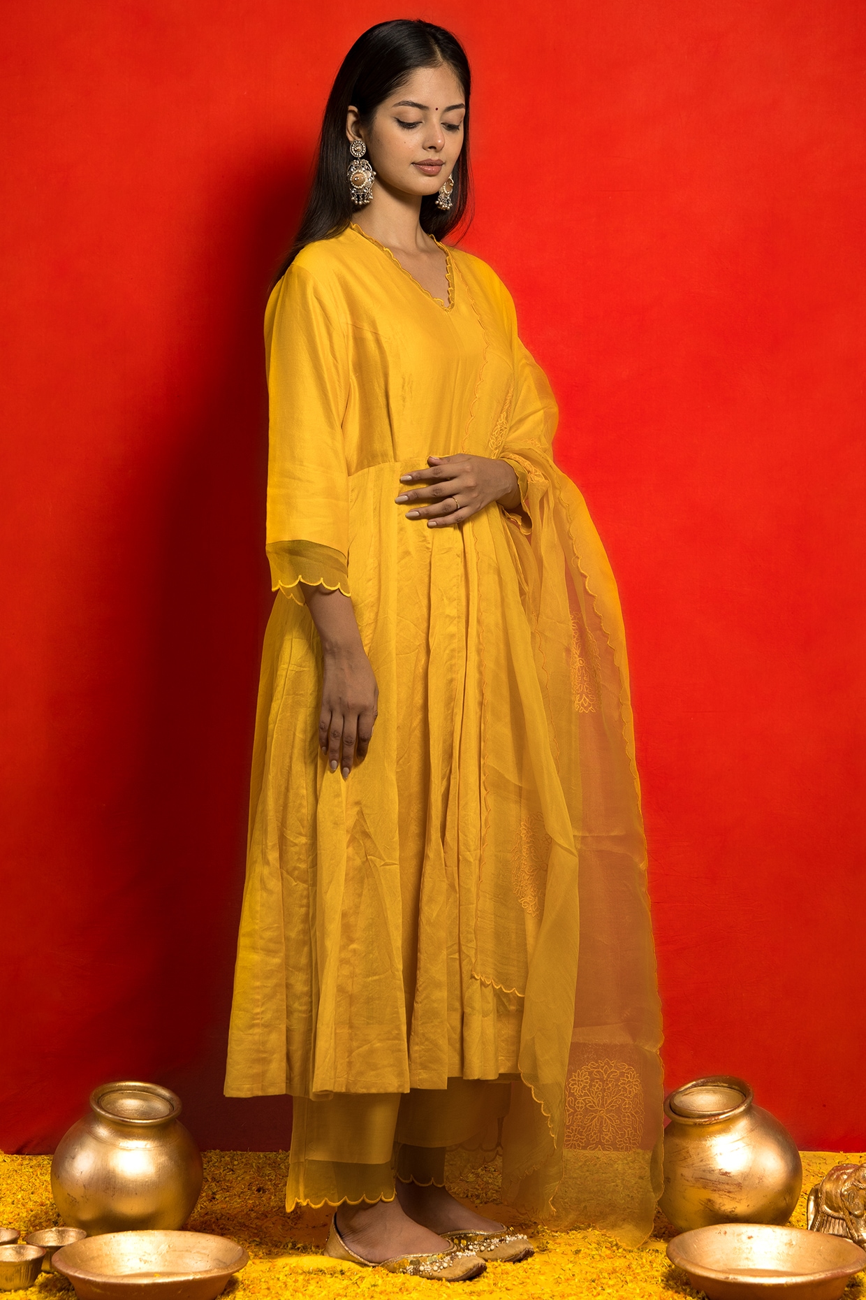 Yellow Pure Silk Chanderi Scalloped Anarkali Set by MITHI SUPARI at ...