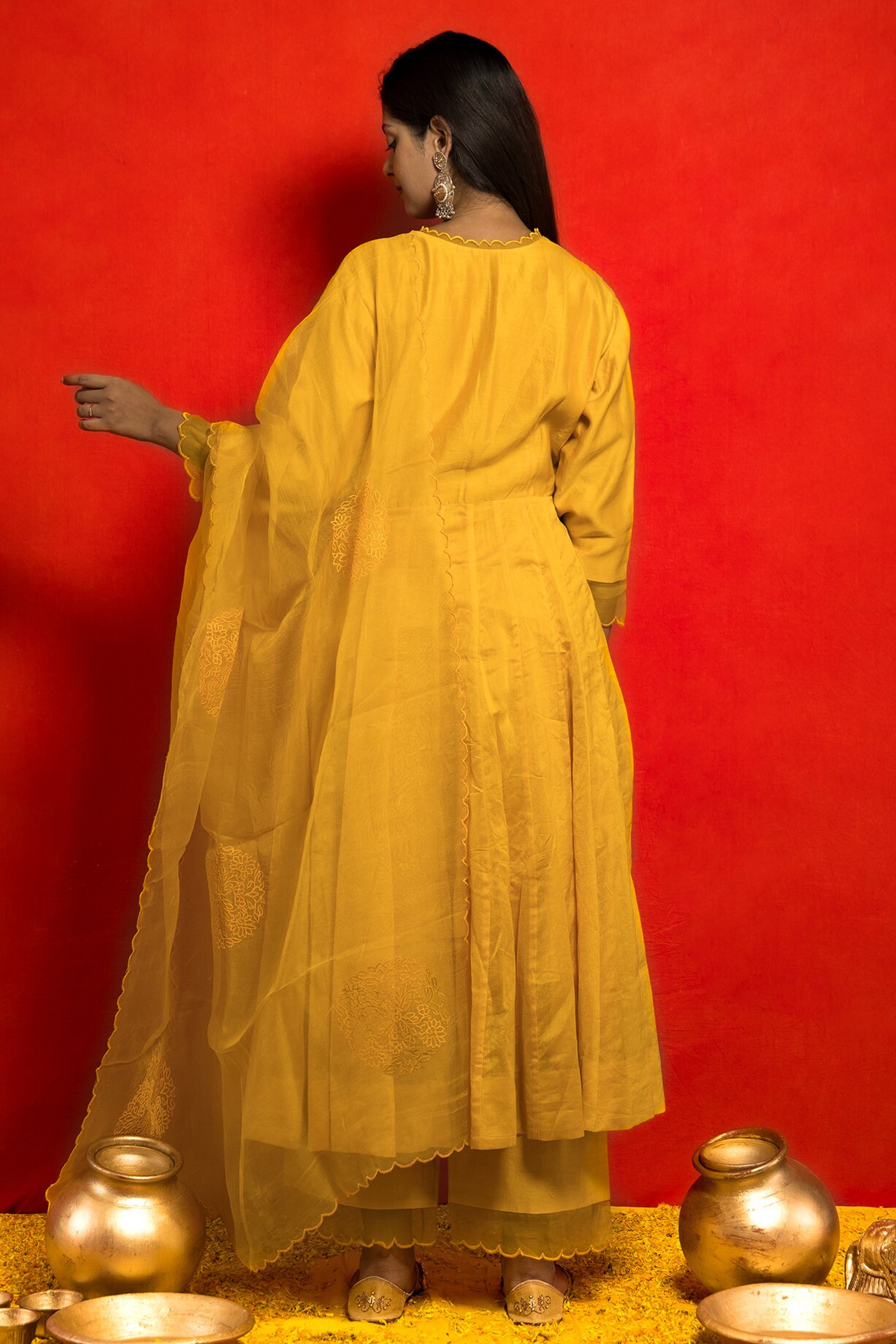 Yellow Pure Silk Chanderi Scalloped Anarkali Set by MITHI SUPARI at ...