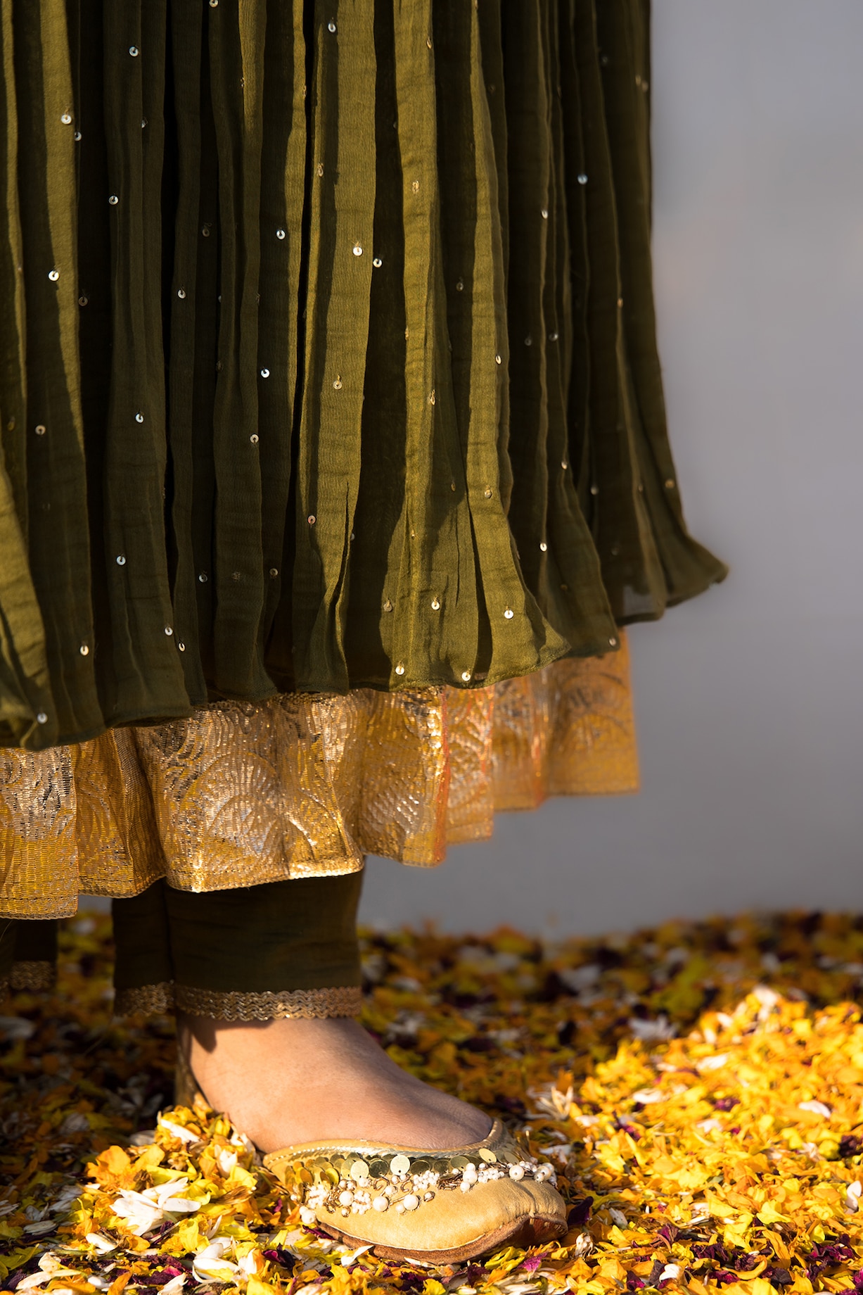 Olive Green Mul Chanderi Embellished Anarkali Set by MITHI SUPARI at ...