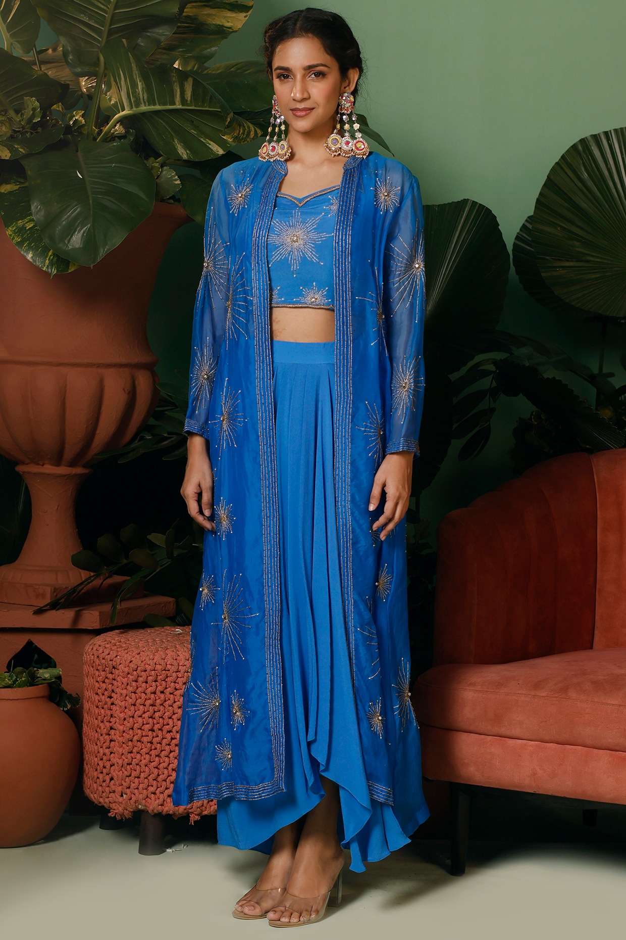 Cobalt Blue Organza Hand Embroidered Jacket Set by Midushi Bajoria at ...